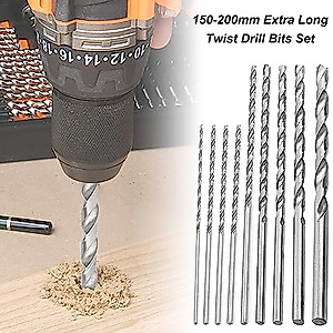 Saipe 9PCS 150-200mm Extra Long Twist Drill Bits Set Round Straight Shank Tool Sets, Lengthened High Speed Steel Twist Drill Set Tool for Wood Plastic and Aluminum(2-10mm OD)