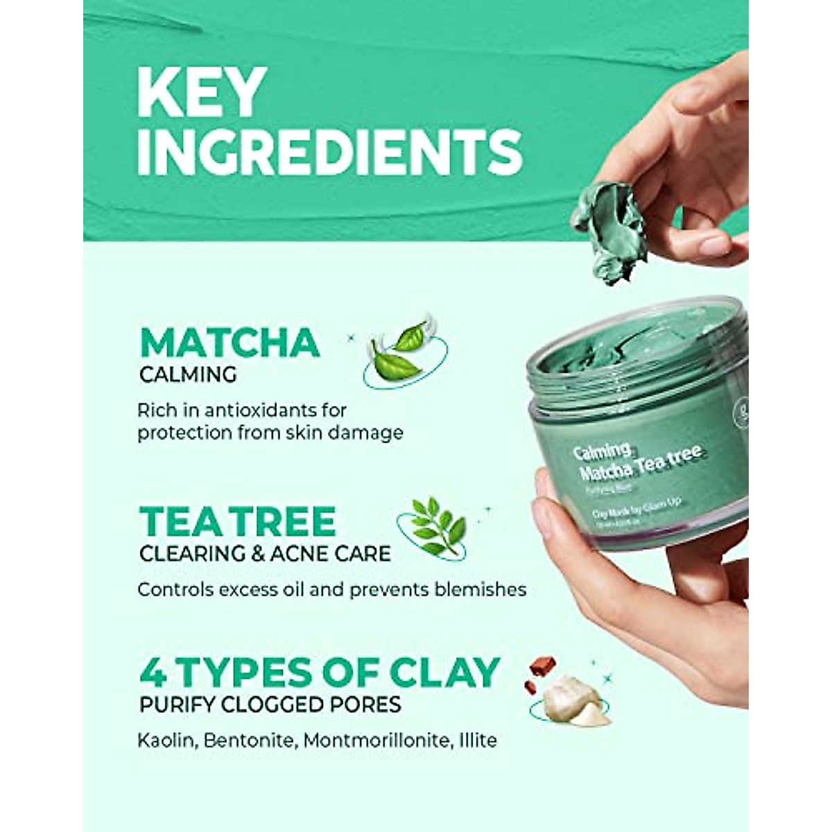 Glam Up - Calming Matcha Tea tree Clay Mask - Vegan Face Mask, Deep Cleansing, Calming Clay Mask for acne, Gentle Exfoliating Pore Purifying Skincare Face Mask, Acne Treatment, Blackhead remover - (125ml/4.23 Oz)
