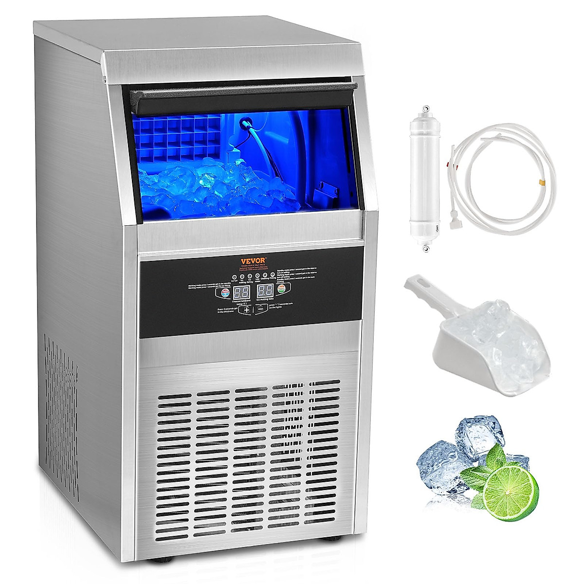 VEVOR Commercial Ice Maker, 80lbs/24H, Ice Maker Machine, 40 Ice Cubes in 12-15 Minutes, Freestanding Cabinet Ice Maker with 24lbs Storage Capacity LED Digital Display, for Bar Home Office Restaurant