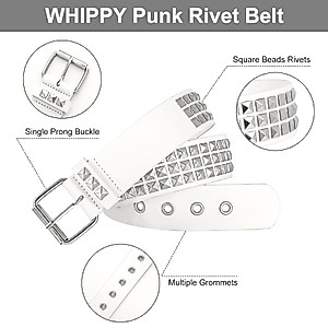 WHIPPY Women Men Rivet Studded Belt Row Pyramid Square Bead PU Faux Leather Punk Rock Grommet Belt for Jeans,White,M