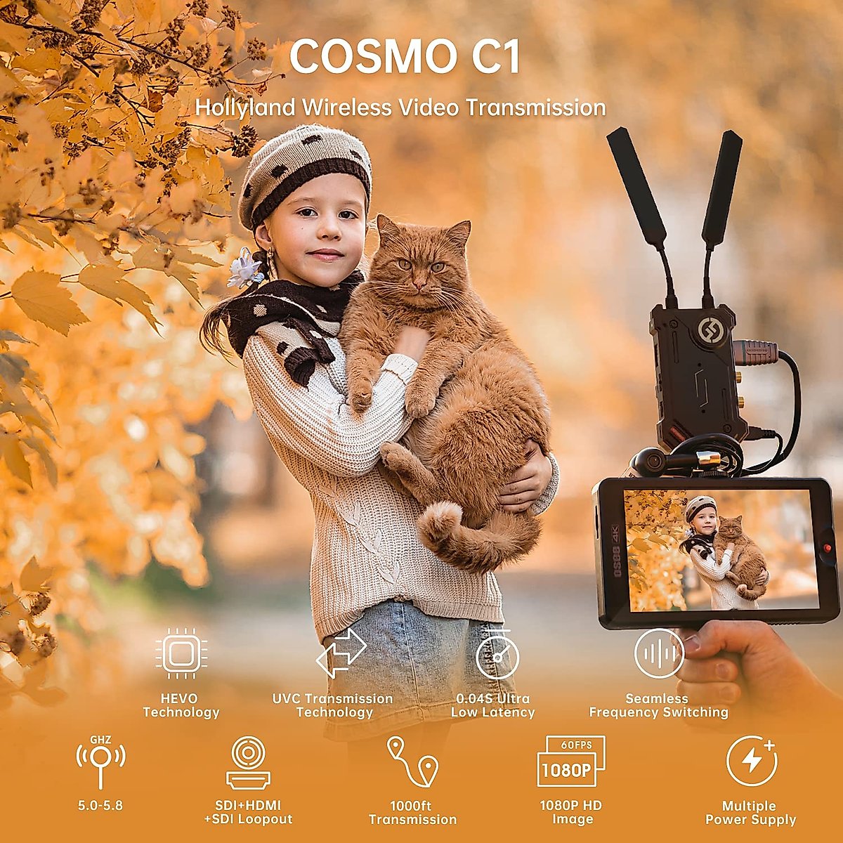 Hollyland Cosmo C1 Wireless Video Transmitter Receiver 5GHz Transmission System, 1000ft Range, Dual SDI&1-HDMI, Up-to 1080p60, 40ms Low Latency, UVC Direct Live Stream, Seamless Channel Switch