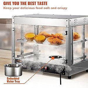 VEVOR Commercial Food Warmer Display, 2 Tiers, 800W Pizza Warmer w/ 3D Heating 3-Color Lighting Bottom Fan, Countertop Pastry Warmer w/Temp Knob & Display 0.6L Water Tray, Stainless Frame Glass Doors