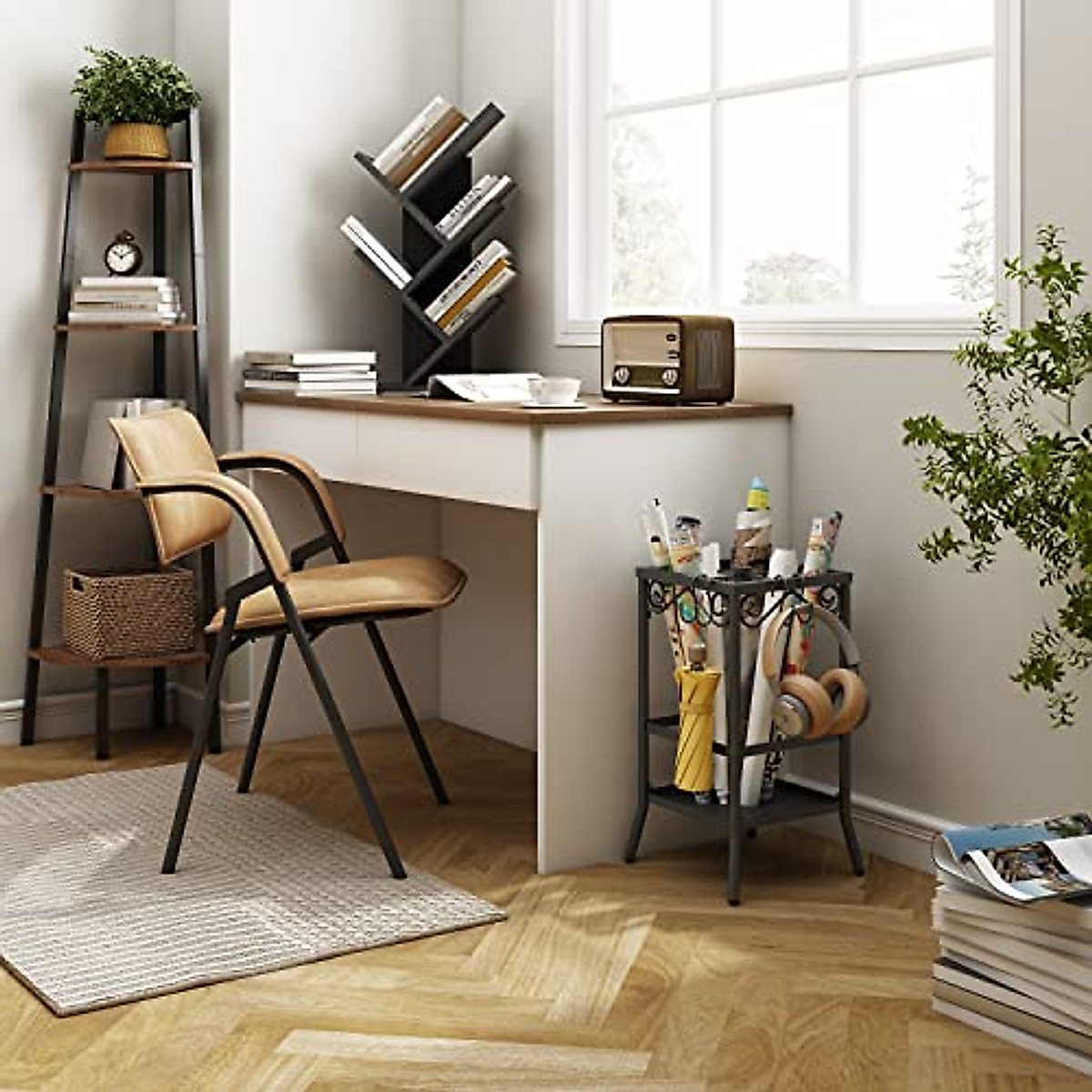 Hoctieon Corner Shelf, 4-Tier Corner Bookshelf, Rustic Corner Ladder Shelf, Industrial Display Shelf for Living Room, Kitchen, Home Office, Balcony, Small Space, Metal Frame, Rustic Brown