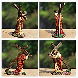 IIDACK Jesus Cross Figure Ornament,Hand-Painted Jesus Church Decorations,Jesus Carrying Cross Resin Figurine,Religious Statues Christian Gift Collection Crafts for Home Office Easter Decor