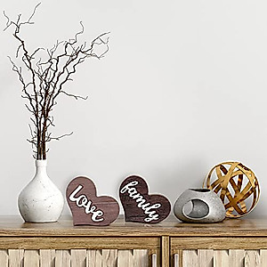 Jetec 2 Pieces Love Family Heart Wooden Sign Heart Shaped Wooden Decoration Rustic Table Sign Wooden Heart Table Centerpiece for Home Kitchen Living Room Bedroom Office Table Decor