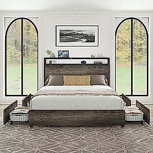 AMERLIFE Queen Size Storage Bed Frame, Wooden Platform Bed with Charging Station, 4 Drawers & Headboard/No Box Spring Needed/Noise-Free/Rustic Grey