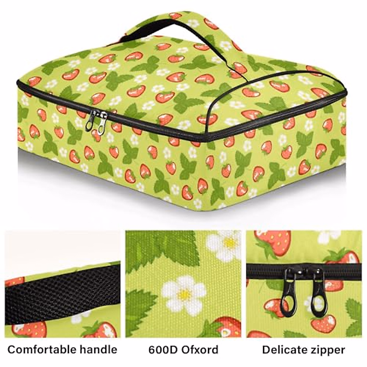 Kcldeci Insulated Thermal Food Carrier Insulated Casserole Carrier for Hot or Cold Food,Strawberries and White Flowers Insulated Tote Bag for Potluck Cookouts Parties Picnic,Lasagna Lugger