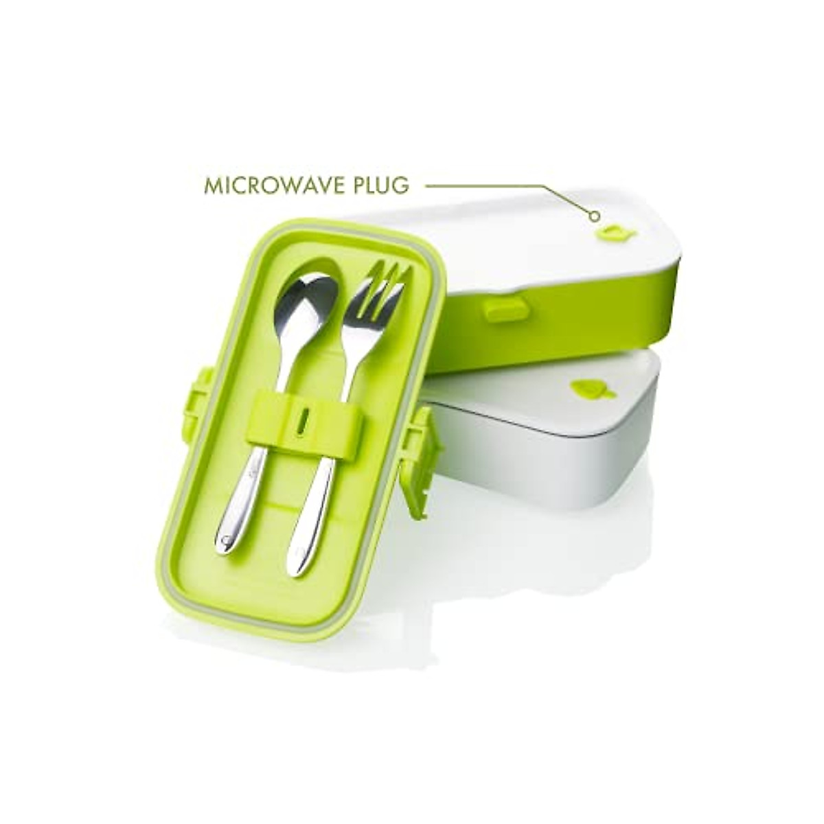 SARZ Bento Lunch Box for Kids - with 2 Containers and 4 Compartments, Modern Stackable Cute Bento Lunch Box with Cutlery Set, Two Adjustable Dividers, Microwave and Dishwasher Safe (Green)