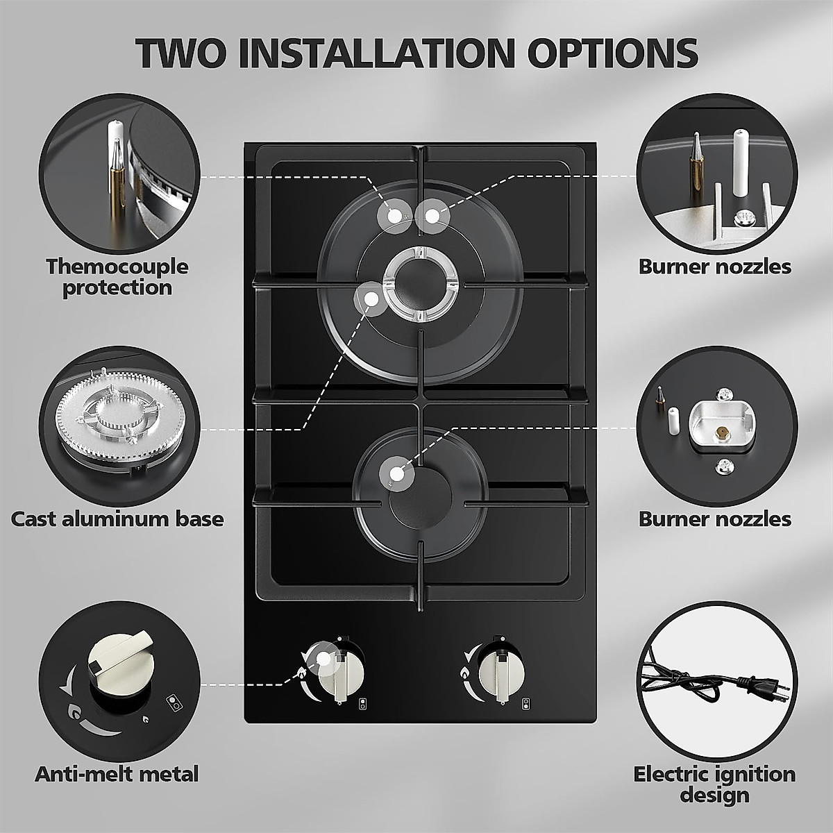 Gas Stove 2 Burner Propane Cooktop 12 inch, Nafewin Tempered Glass Gas Cooktop Gas Stove Burner with Thermocouple Protection, Lpg/Ng Dual Fuel Built-in Gas Stove Top for Apartments, Outdoor, Rvs
