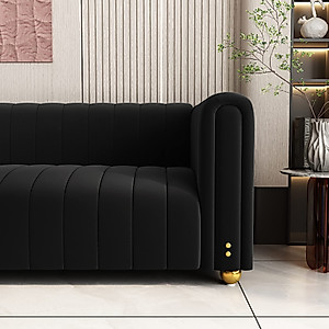 ANTTYBALE Sofa Mid Century Modern Button Tufted Velvet Living Room Couch Loveseat Sofa with Gold Metal Legs (P51-Black 2pcs)