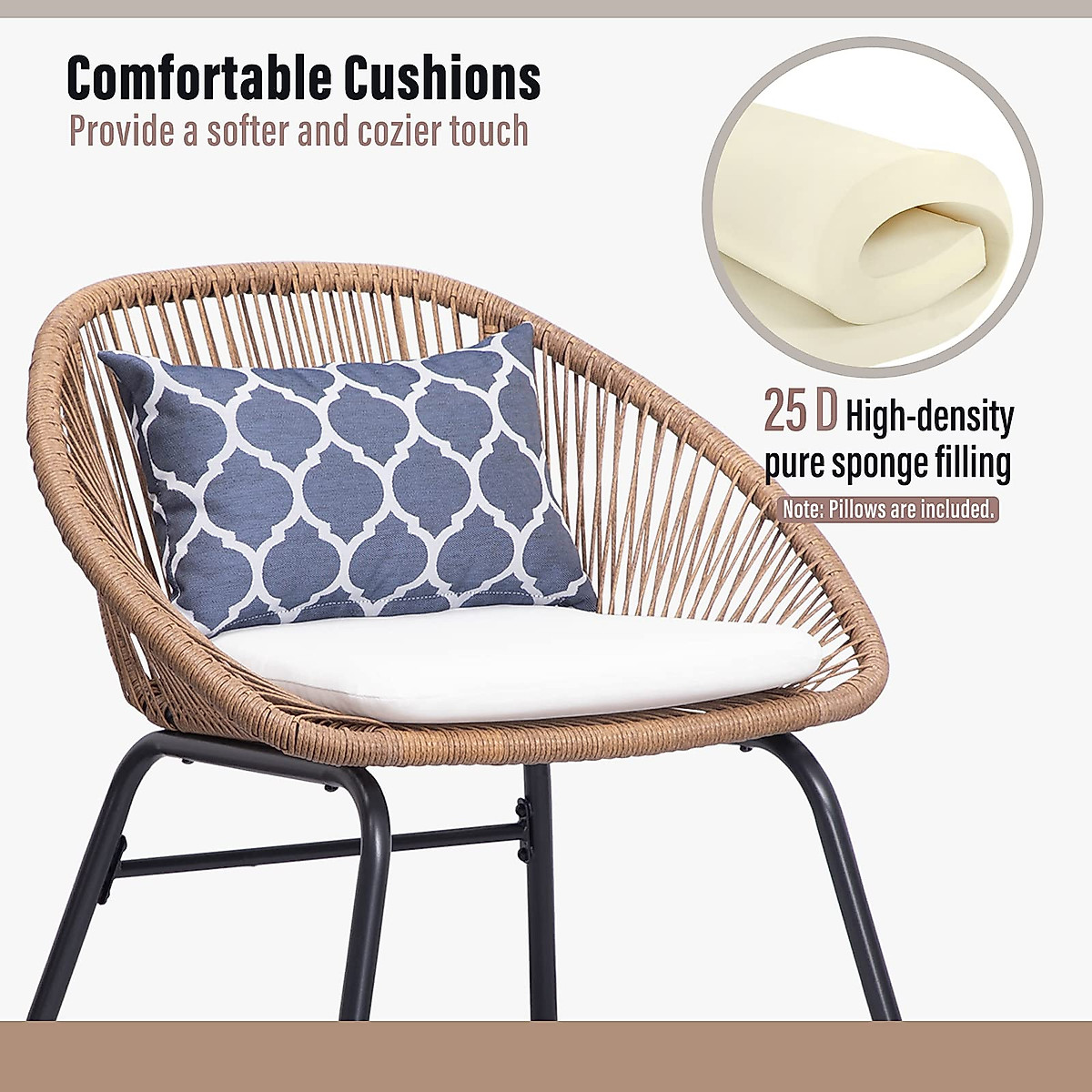 LAUSAINT HOME 3 Piece Patio Conversation Bistro Set, All-Weather Outdoor Wicker Furniture with 2 Wide Chairs and Coffee Table Perfect for Porch, Backyard, Balcony (Linear Weave Design)