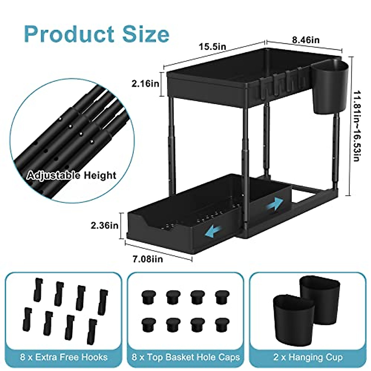 2 Pack Under Sink Organizers and Storage, 2 Tier Sliding Bathroom Organizer Under Sink, Adjustable Height Under Cabinet Organizer Basket with Hooks Hanging Cups, Shelf Organizer for Bathroom Kitchen