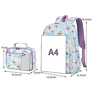 Kids Backpack for Girls Butterfly Preschool Bookbag with Lunch Box Kindergarten School Bag Set for Young Elementary Students (purple)