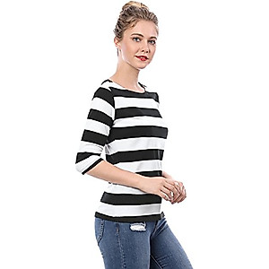 Allegra K Women's Halloween Elbow Sleeves T-Shirt Top Casual Basic Boat Neck Slim Fit Tee Medium Black White