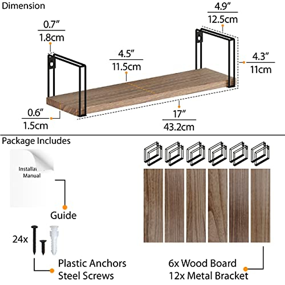Wallniture Avila Floating Shelves, Wall Bookshelf Living Room Decor Shelves for Wall Storage, Kitchen Organization Home Office Decor DVD Storage Burnt, Set of 6