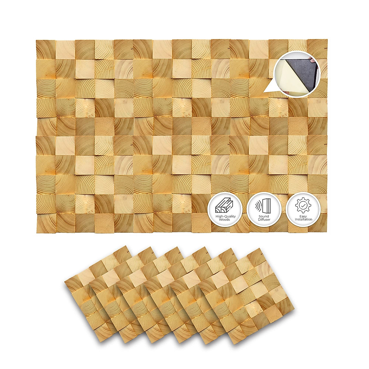 Acepunch 6 Finland Wooden 3D Wall Art Panel Home Decorative Sound Absorbing Dampening Tile Soundproofing Acoustic Music Insulator Noise reduction Home Office Studio Room Finnish Style 12x12in AP1234