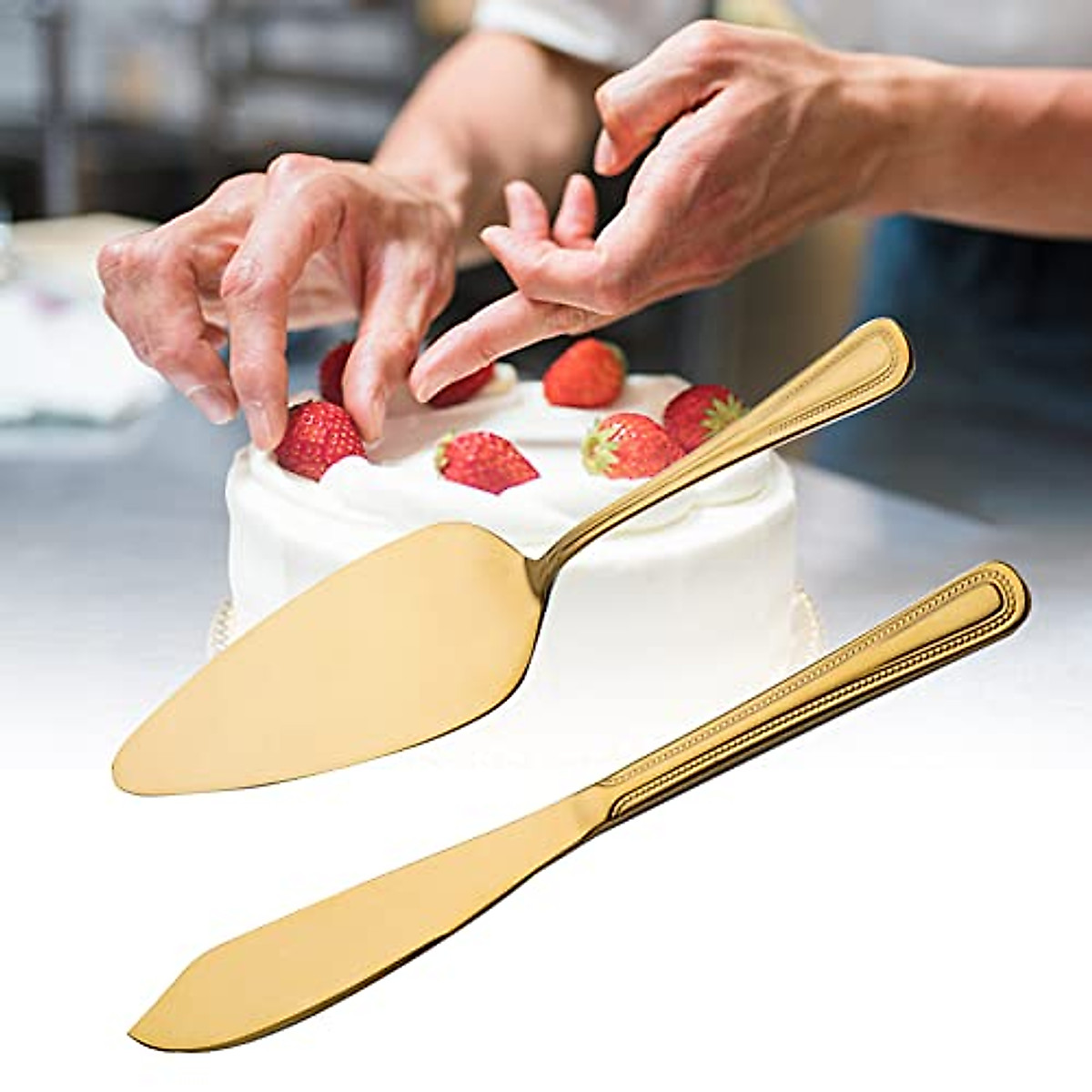ZEENEEK Wedding Cake Knife and Server Set, 2 Pieces Gold Stainless Steel Cake Knife Pie Server Cake Cutting Set Serving Utensils for Wedding, Birthday, Parties and Events Christmas(Gold)