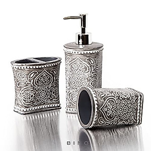 BINO Bathroom Accessories Set - Grey | Soap Dispenser | Toothbrush Holder | Tumbler | 3-Piece Bathroom Organizer Countertop Set | Bathroom Decor | Home Decor | Bathroom Set