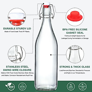 8 Pack [1 Liter / 33 fl. oz.] Swing Top Glass Bottles w/ Airtight Stopper Lids – Flip Top Brewing Bottle for Fermentation, Kombucha, Mead, Vinegar, Beer, Kefir, Wine – With 8 Extra Seals & 2 Pourers