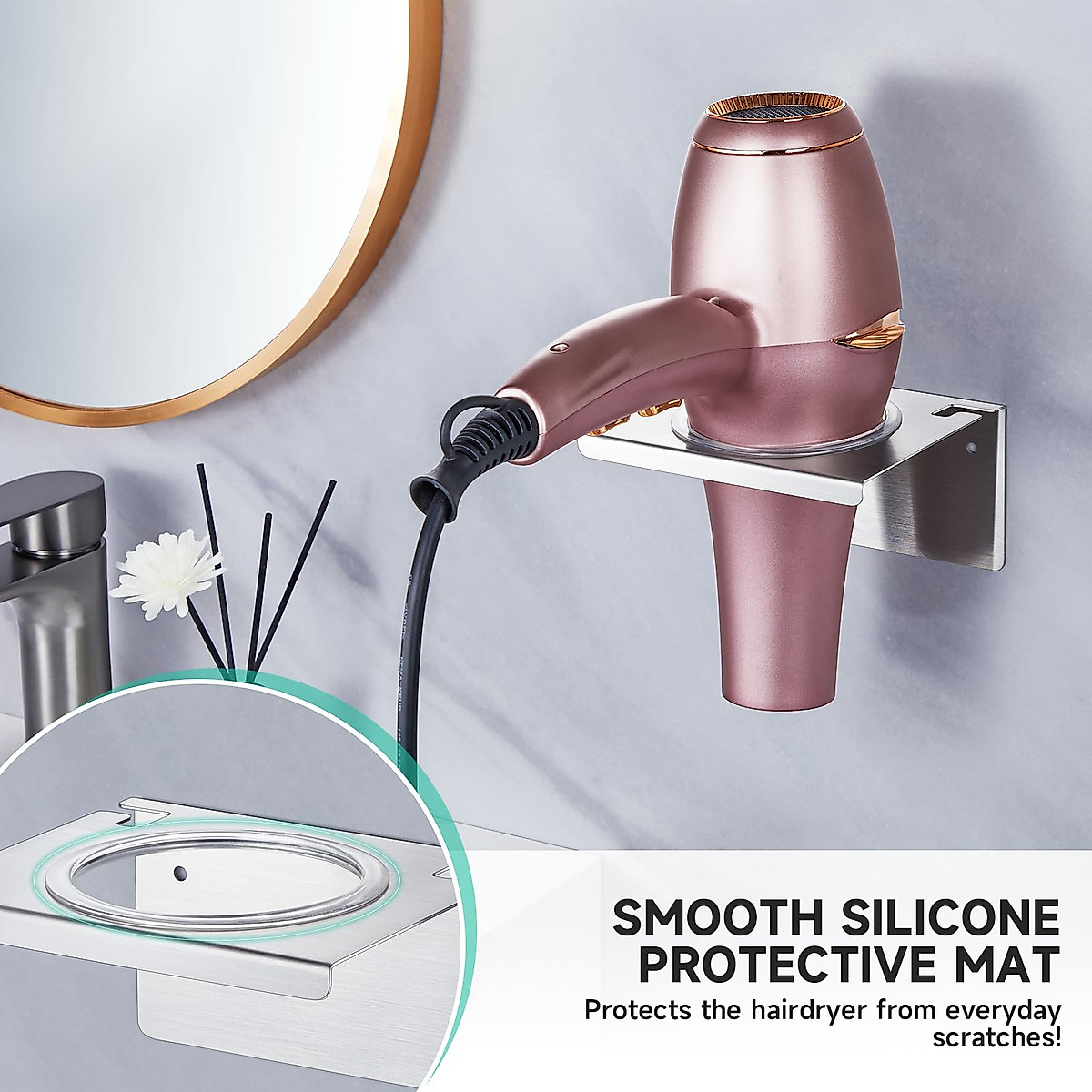 Hair Dryer Holder Wall Mounted, Hair Tool Organizer for Blow Dryer Holder Stainless Steel, Bathroom Hairdryer Holder, Adhesive Hair Dryer Organizer Storage, Hair Dryer Hanger for Vanity Barber Shops