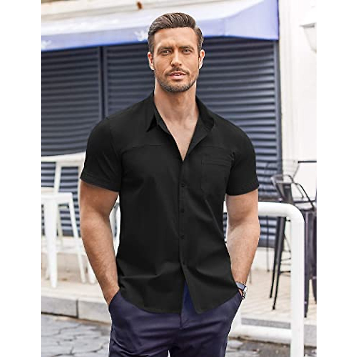 COOFANDY Mens Shirt Muscle Fit Dress Slim Fit Cotton Casual Button Down with Pocket, 01-Black, Large, Short Sleeve