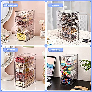 FABROK Clear Hair Accessory Organizer Box with 5 Drawers, Compact Storage Organization Drawers Set for Cosmetics, Glasses, Stationery, Stackable Storage Containers Box for Bathroom, Closet, Desk, Office