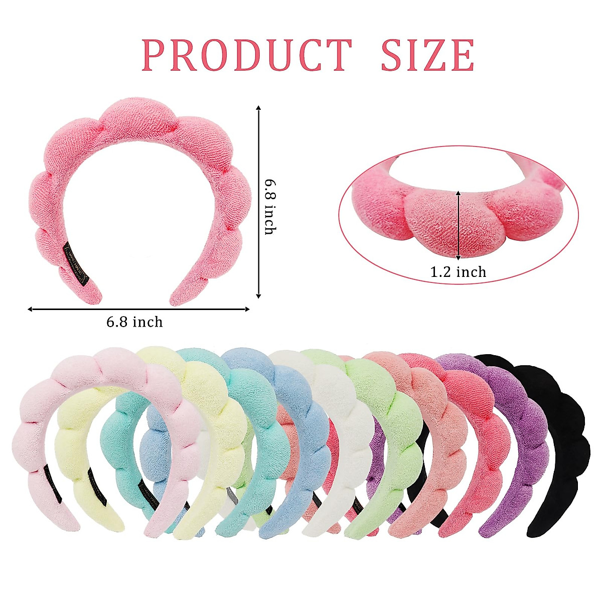 RAISEY 10 Pcs Spa Headband Bulk, Women Makeup Headband Sponge Headbands for Washing Face, Face Wash Headband Puffy Hair Band for Girls, Terry Cloth, Multicolor (10 Pack)