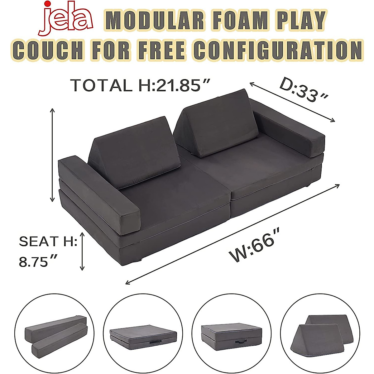 jela Kids Couch Extended Size 8PCS for Family, Floor Sofa Couch Modular Funiture for Kids Adults, Playhouse Play Set for Toddlers Babies, Modular Foam Play Couch Indoor 66" x 33" x 22" Darkgrey