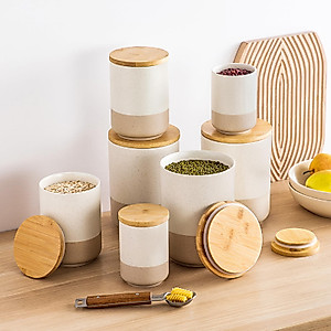 vancasso Sabine Canister Sets for Kitchen Counter, Ceramic Food Storage Jars with Airtight Wood Lids, Large Kitchen Canisters for Coffee, Sugar, Tea, Flour, Spice (Set of 3)