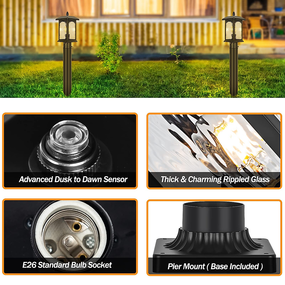Dusk to Dawn Outdoor Post Light Fixture with Pier Mount Base - Waterproof Pole Outdoor Lighting, Modern Black Pillar Lantern Outside with Tempered Rippled Glass for Pathway, Garden, Patio, Anti-Rust