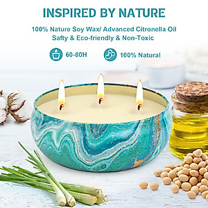 Ofun Citronella Candles Outdoor Decorative 36oz, 3 Wick Soy Wax Lemongrass Candle Set, Scented Candle Jar Candle Bulk Up to 240hrs, Summer Camping Candles for Patio, Garden, Balcony, Camping, BBQ