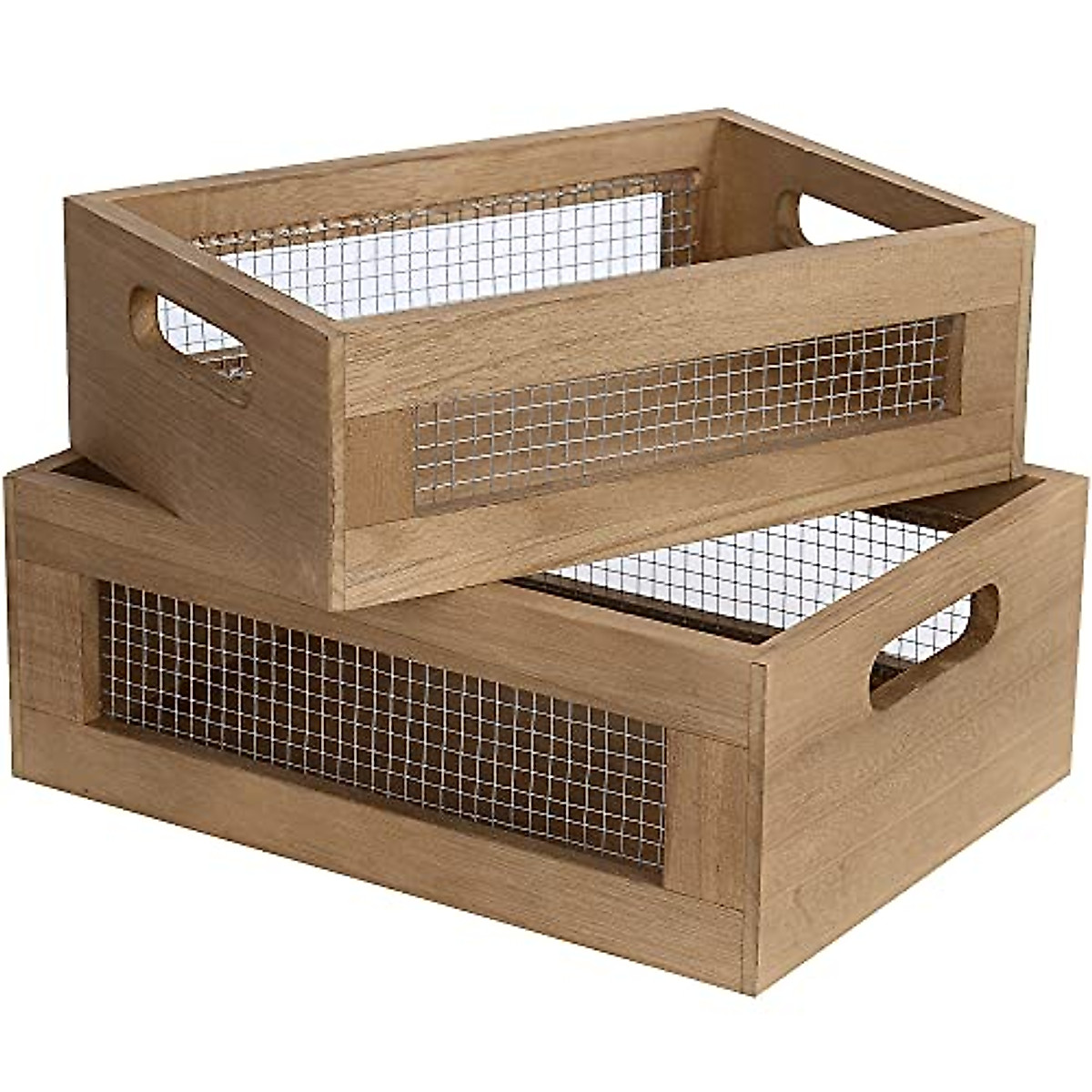 Set of 2 Nesting Countertop Baskets - Wooden Organizer Crates for Kitchen, Bathroom, Pantry | For Fruit, Vegetables, Produce, Bread and General Storage Space | Decorative Rustic Wood and Metal Wire