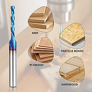 HQMaster 5 Pcs Spiral CNC Router Bits Set Down Cut 1/4” Shank Solid Carbide Spiral Downcut CNC Bits with Nano Blue Coating End Mill for Wood Cut Carving Engraver 1/8" Cutting Dia.