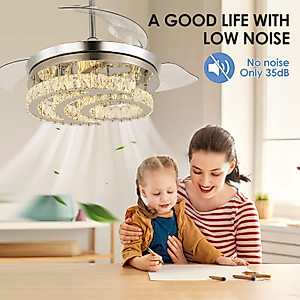 FRIXCHUR 42" Dimmable Fandelier Led Crystal Chandelier Ceiling Fans with Lights and Remote Moon Shape Retractable Chandelier Ceiling Fan for Bedroom Living Room Dining Room 30W*2