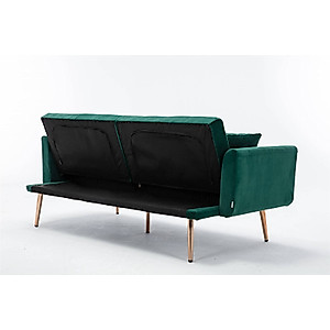 SZLIZCCC 63" Green Velvet Couch, Tufted Loveseat Sofa, Convertible Futon Sofa Bed, Accent Sofa Recliner, Golden Metal Legs, 2 Couch Pillows, Mid Century Modern Sofas for Home Living Room Bedroom