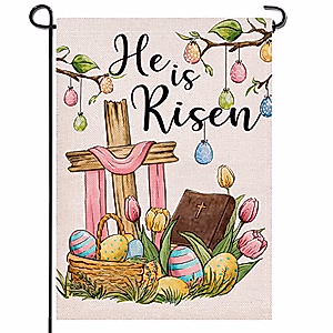 Artofy He is Risen Easter Eggs Cross Religious Small Decorative Garden Flag, Tulip Flowers Faith Yard Lawn Outside Decor, Spring Burlap Outdoor Home Decoration Double Sided 12 x 18