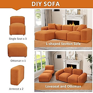 Wonder Comfort 94" Teddy Fabric L-Shaped Sectional Sofa with Reversible Ottoman, Sherpa Futon Couch with 2 Pillows for Living Room Apartment, Orange