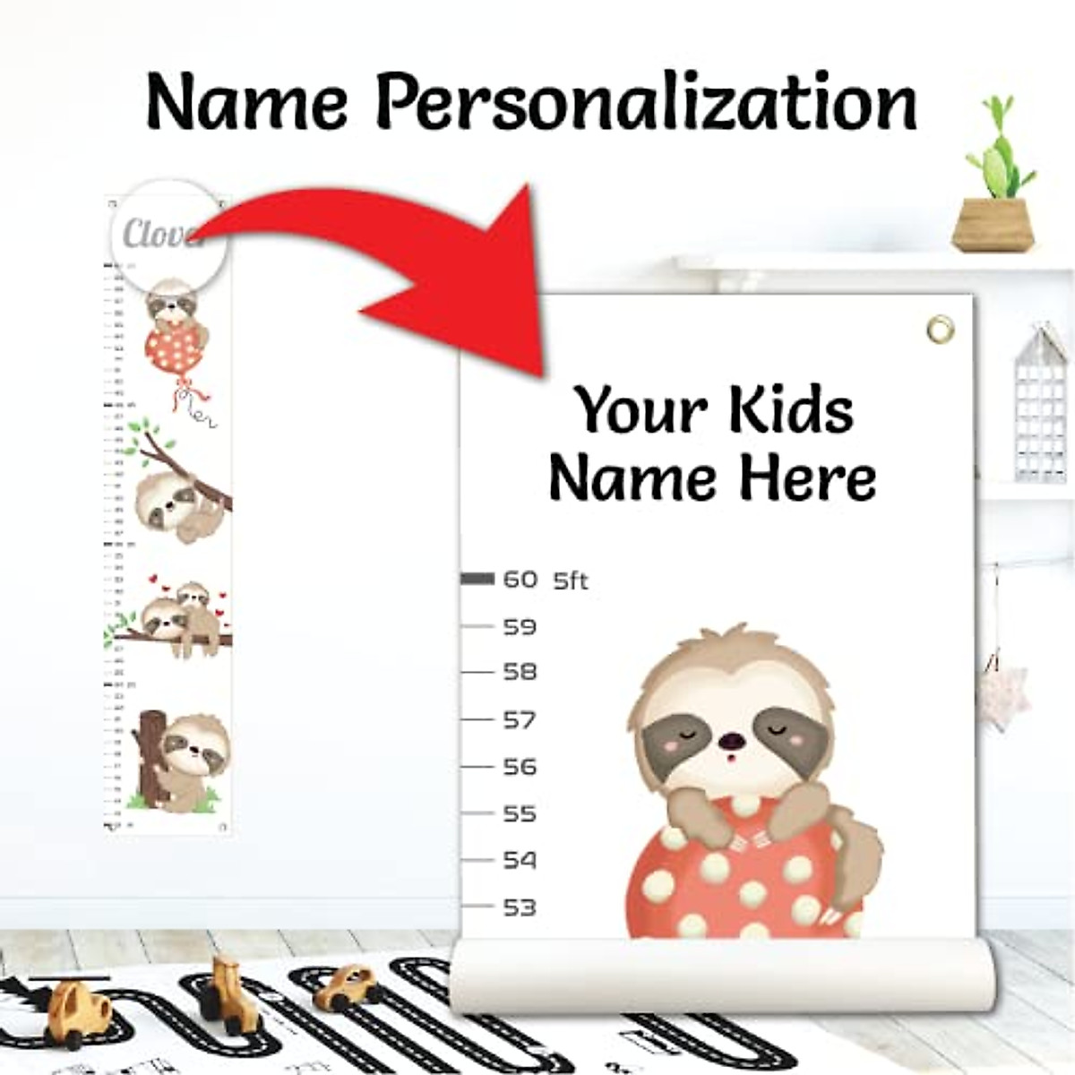 Personalized Kids Canvas Growth Chart, Height Chart, Growth Chart Banner, Sloth Theme