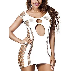 Vorifun Women Hollow Sleepwear Fishnet Lingerie One Piece Babydoll Mini Dress One Size White
