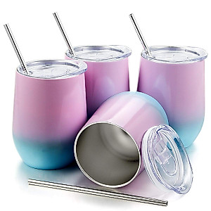 12 oz 2Pack Wine Tumbler with Lid, Double Wall Vacuum Insulated Stemless Glass, Stainless Steel Wine Cup with Straw and Straw Brush for Wine, Coffee, Drinks, Champagne, Cocktails (Colorful 1)