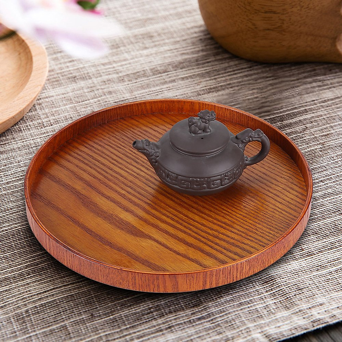 Round Serving Tray, Round Wood Serving Tray, Bar Cafe Wooden Plate Tea Food Server Dishes Water Drink Platter(24CM)