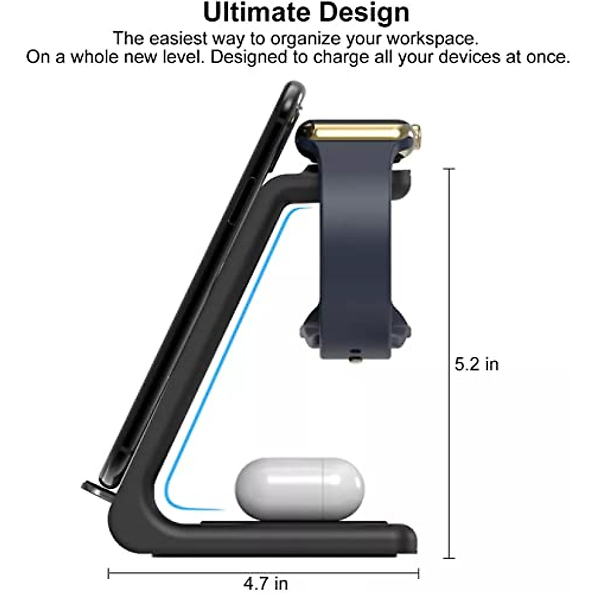 3 in 1 Charging Station - Wireless Charger for iPhone, Apple Watch & AirPods - Fast Charging Stand Dock for Qi-Enabled Phones, Samsung, Android, Smart Watch, Bluetooth Headset
