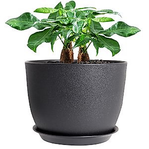 UOUZ 12inch Large Plant Pot, Modern Plastic Planter with High Driange Holes and Saucer for Indoor Outdoor Garden Plants and Flowers, Black