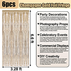 6 Pack Champagne Gold Foil Fringe Curtain Backdrop, 3.28Ft x 6.6Ft Metallic Tinsel Foil Fringe Streamer Curtains for Photo Booth, Christmas Day, Thanksgiving, Wedding, New Year Party Decorations