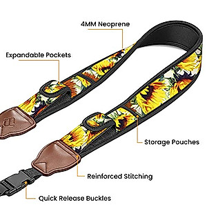 Fintie Camera Strap for All DSLR Camera, Universal Neck Shoulder Belt with Accessory Pockets for Canon, Nikon, Sony, Pentax, Sunflowers