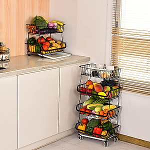 Fruit Vegetable Storage Basket, 4 Tier Stackable Metal Wire Storage Baskets with Wheels, Fruit Vegetable Produce Basket Organizer Bins for Kitchen, Pantry, Bathroom