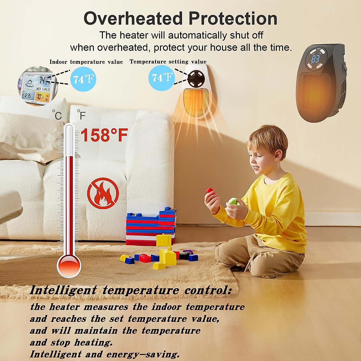 Upgrade Smart Wall Space Heater,450WProgrammable Portable Electric Small Safe Heater,Adjustable Thermostat/Timer,Overheat Protection,LED Display,Energy-saving heater for Bathroom Indoor Use (Black)