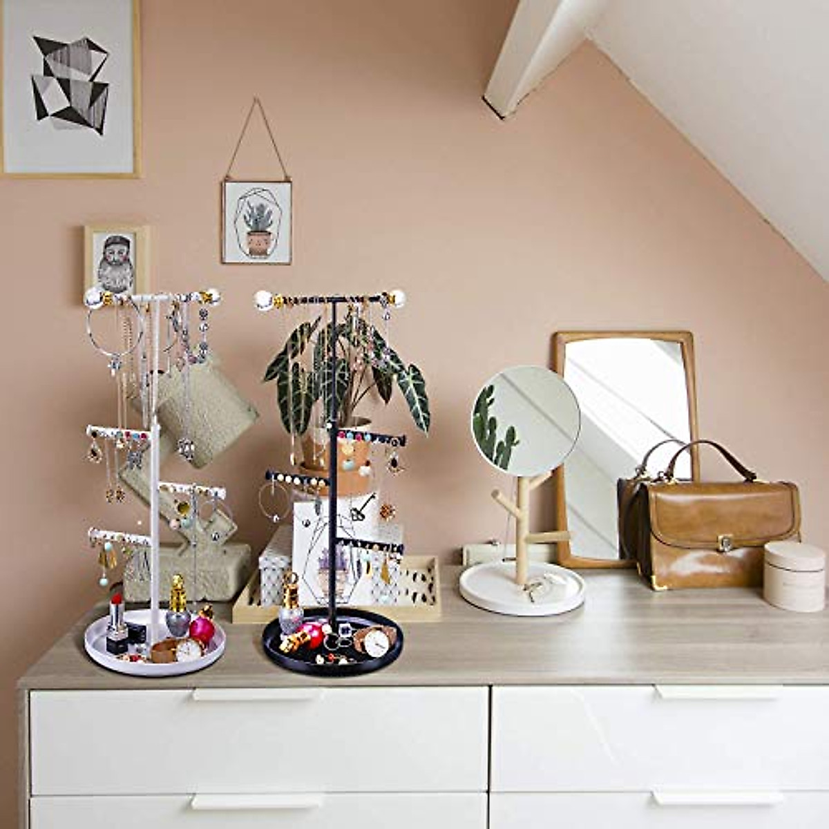 Keebofly Jewelry Tree Stand Organizer - Metal Necklace Organizer Display with Adjustable Height for Necklaces Bracelet Earrings and Ring White