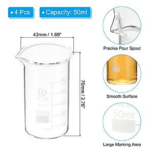 PATIKIL 50ml Tall Glass Beaker, 4Pcs 3.3 Borosilicate Glass Beakers Graduated Measuring Cup with Spout for Lab Experiment, Cooking and Baking, Clear