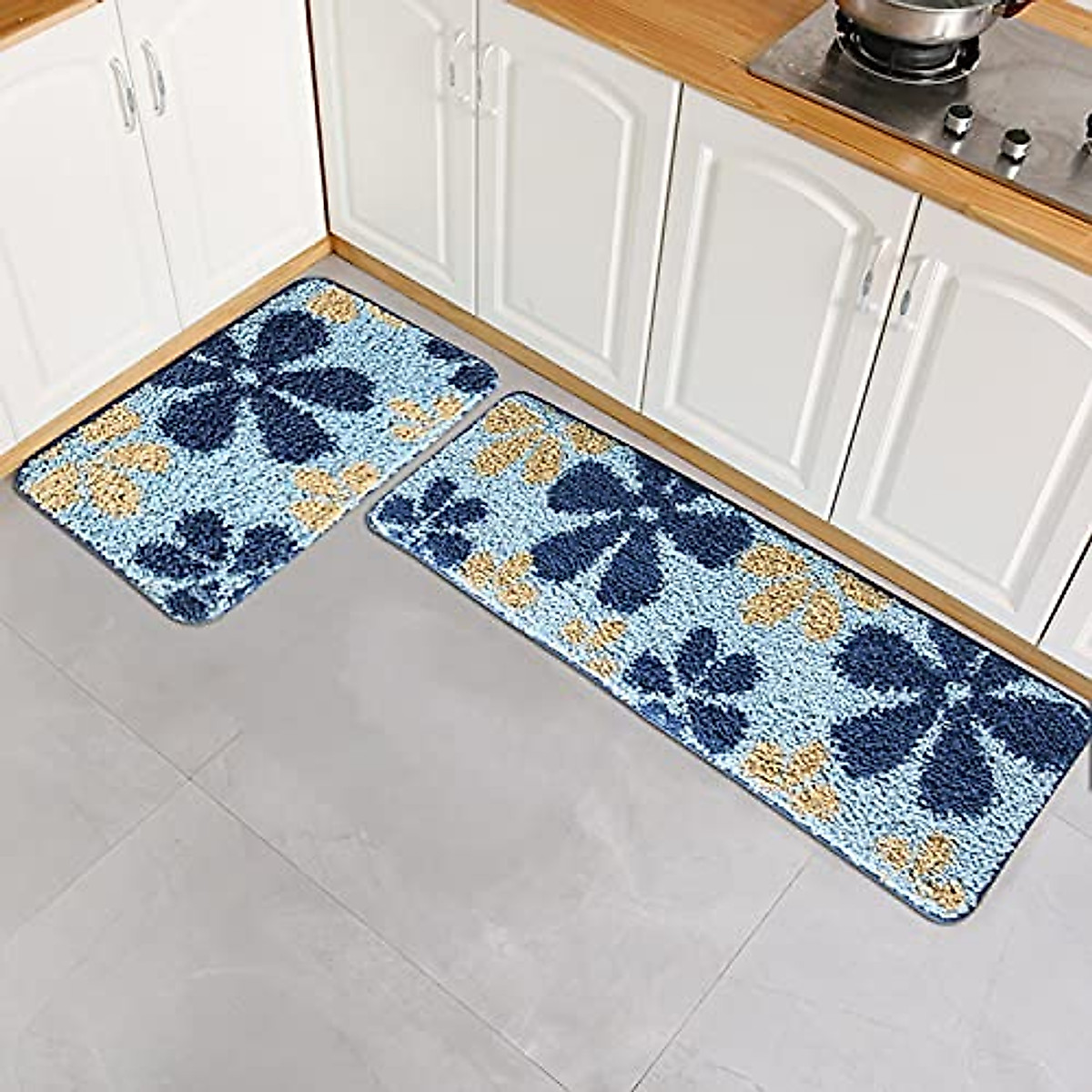 Kitchen Rug Set, 2-in-1 Kitchen Mat Anti-Fatigue Cushioned Kitchen Sink Floor Mat Super Absorbent Non Skid Easy to Clean Comfort Standing Kitchen Mat (Blue)